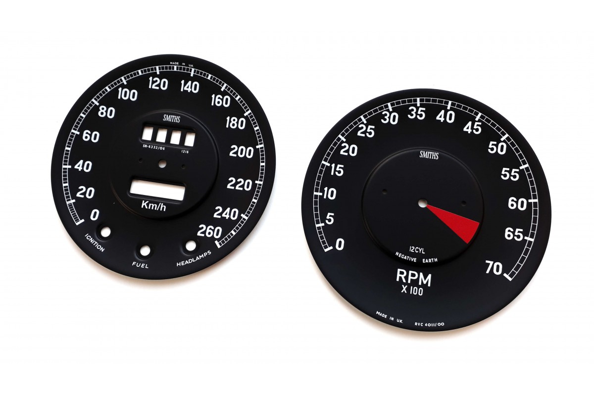 Jaguar E-Type - Speedometer, tachometer, gauge, restoration MPH to km/h