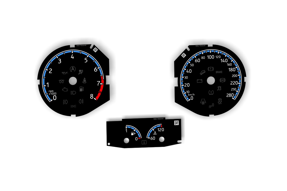 Ford Focus ST250 replacement dials in Focus RS style - 280KMH, 8000 RPM